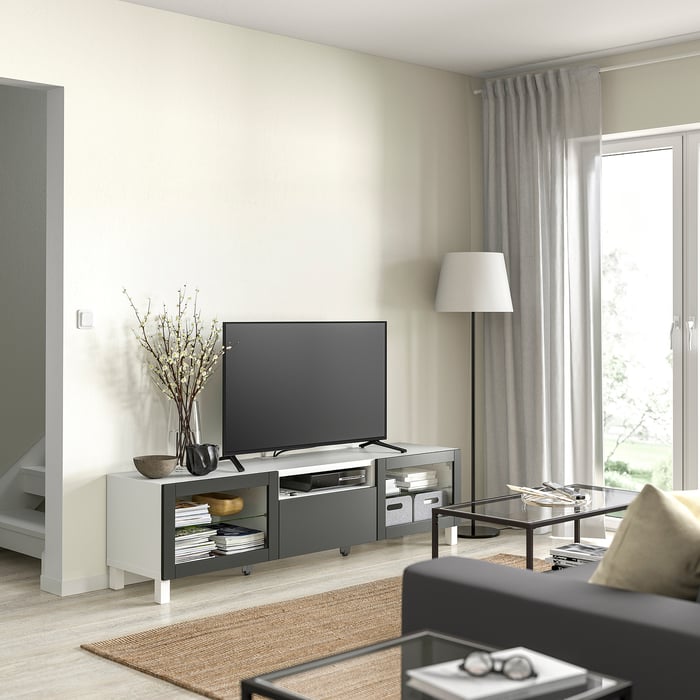 BESTÅ TV bench, white Sindvik/Lappviken/Stubbarp dark grey, 180x42x48 ...