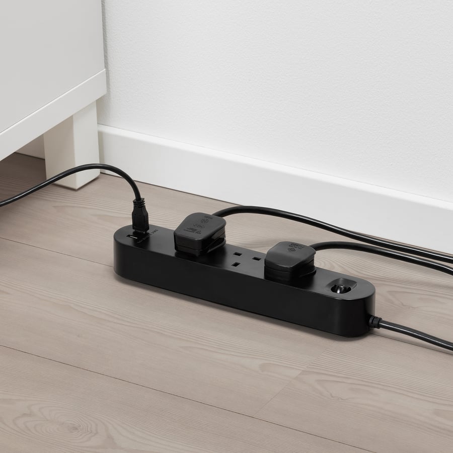 KOPPLA 3-way socket with 2 USB ports, black, 3.0 m - IKEA Malaysia
