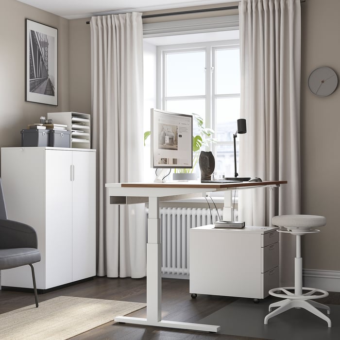 MITTZON meja duduk/berdiri, elektrik venir kayu walnut/putih, 160x80 cm ...