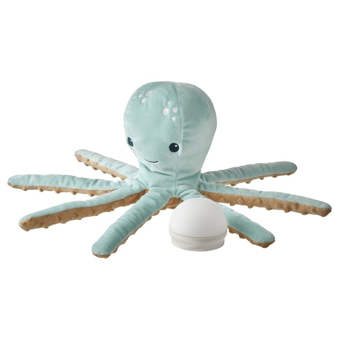 BLÅVINGAD soft toy with LED night light, turquoise octopus/battery ...
