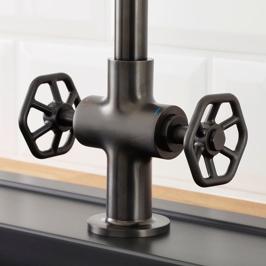 GAMLESJÖN dual-control kitchen mixer tap, brushed black metal - IKEA