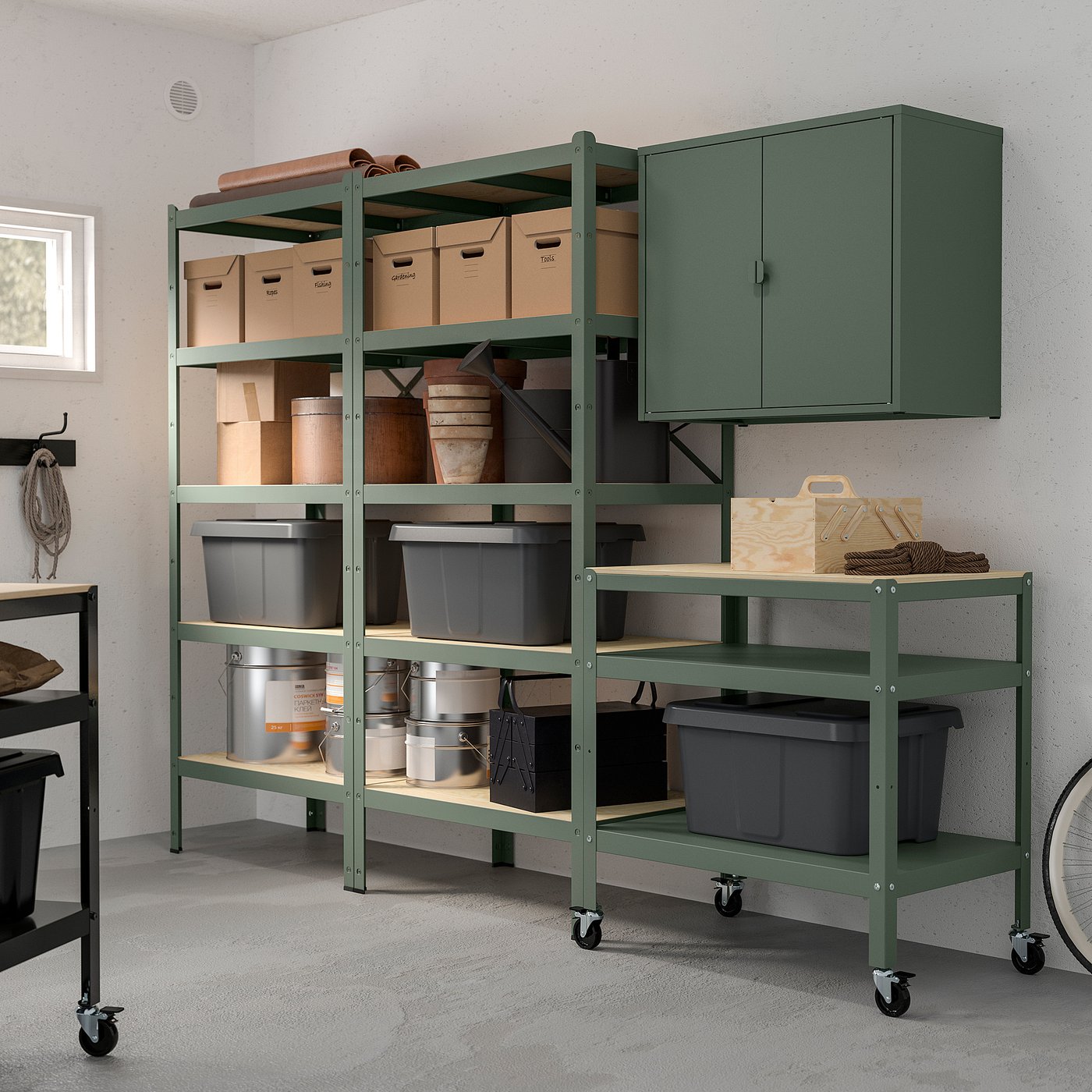 BROR opberger m planken/kast/trolley, grijsgroen/grenen triplex - IKEA