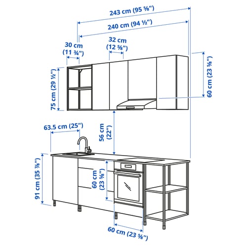 ENHET keuken, antraciet/wit frame, 243x63.5x222 cm - IKEA
