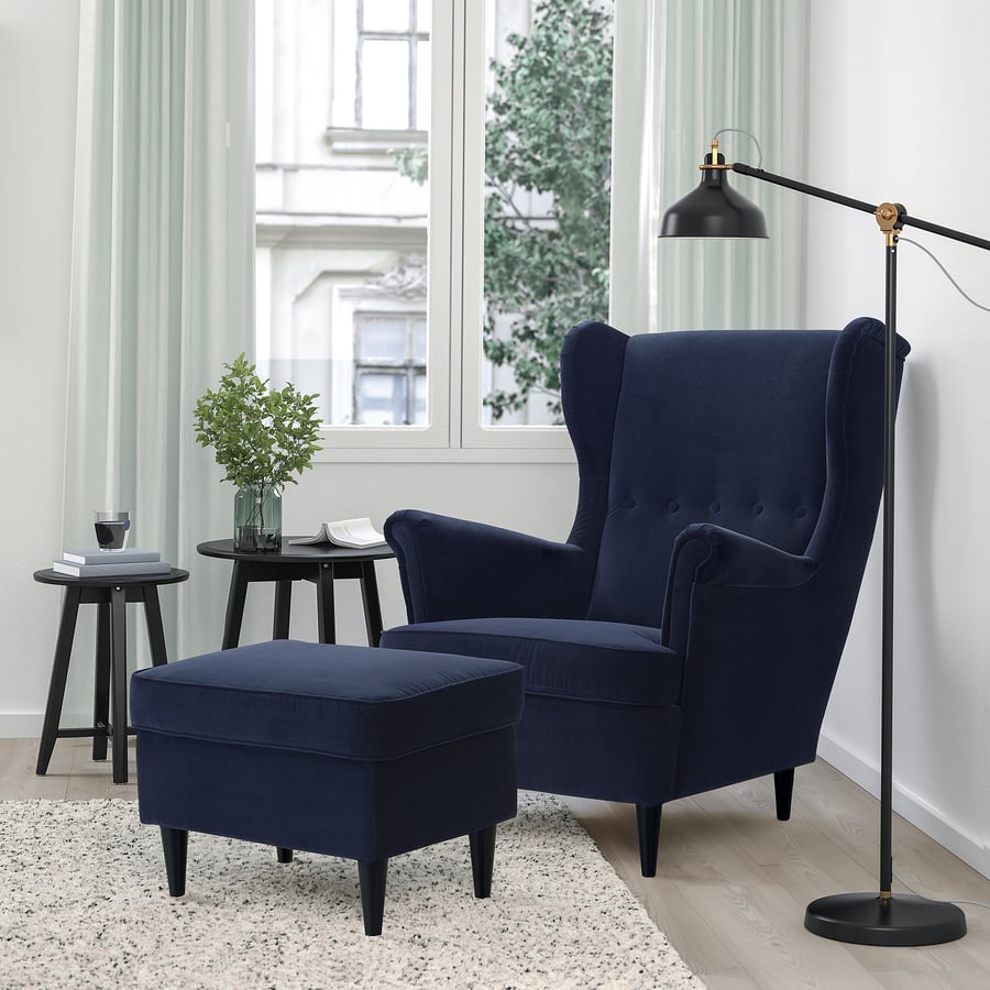 STRANDMON stol og fotskammel, Djuparp mørk blå - IKEA