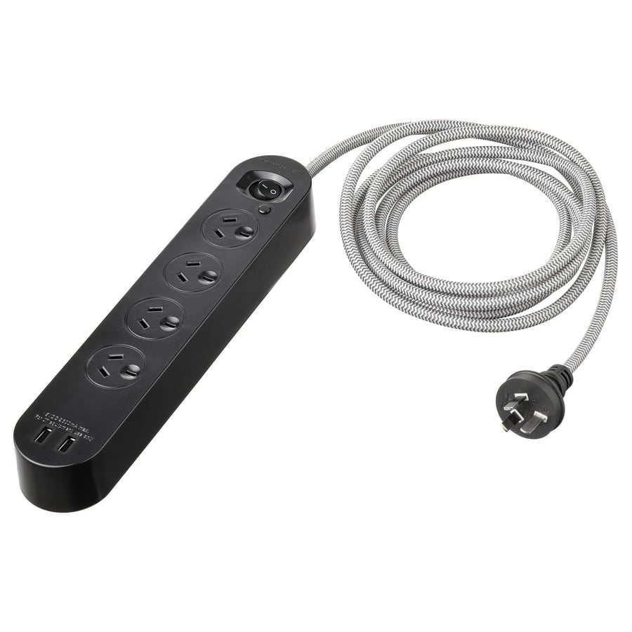 KOPPLA 4-way socket with 2 USB ports, black/white/textile, 3.0 m - IKEA