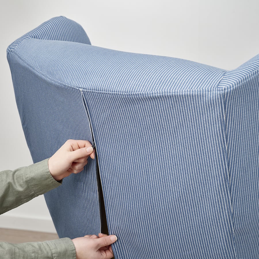 STRANDMON slipcover for wing chair, Sjölyckan dark blue/beige stripe ...