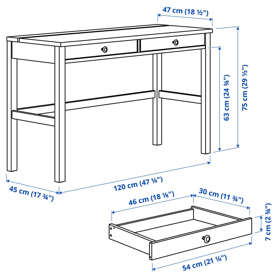 HEMNES biurko z 2 szufladami, biała bejca/jasnobrązowy, 120x47 cm - IKEA