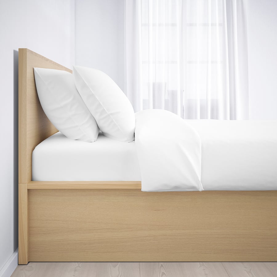 MALM Łóżko z pojemnikiem, okleina dębowa bejcowana na biało, 140x200 cm ...