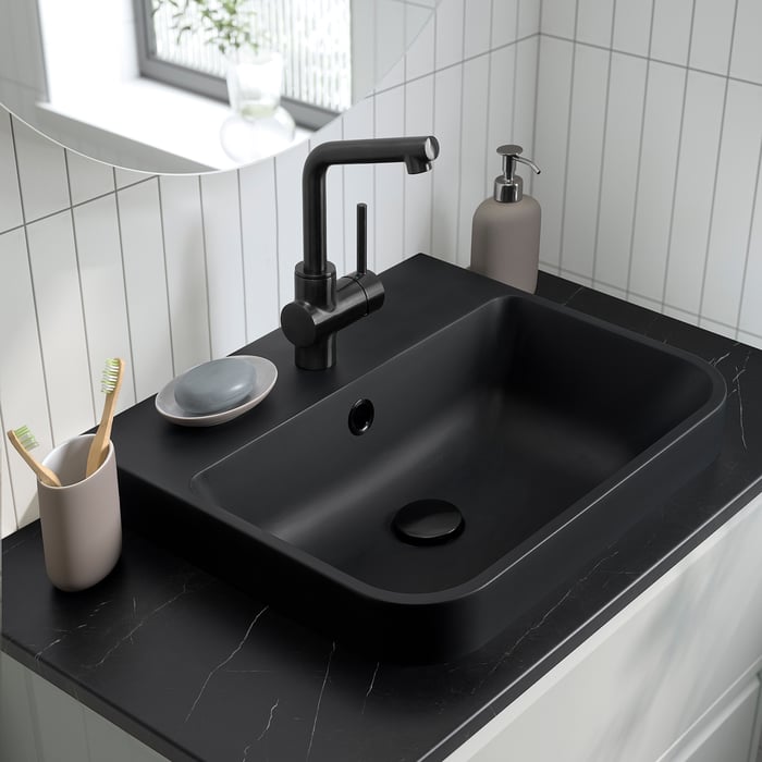 BACKSJÖN semi-recessed wash-basin w watr trp, black, 50x43 cm - IKEA