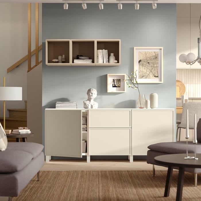 BESTÅ comb arrumação c/gavetas, branco/Krukmakare bege, 180x42x75 cm - IKEA