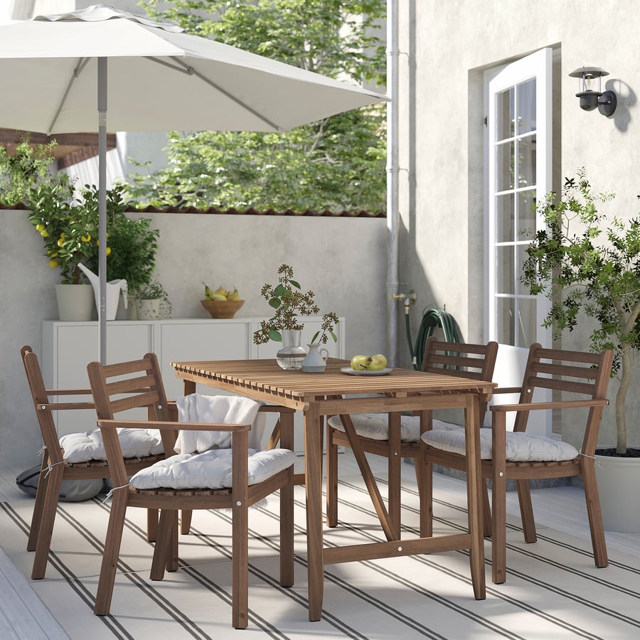 ASKHOLMEN table+4 chairs w armrests, outdoor, dark brown/Kuddarna light ...
