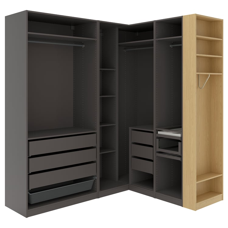 PAX Dulap colț, gri închis gri închis/aspect stejar, 210/180x236 cm - IKEA