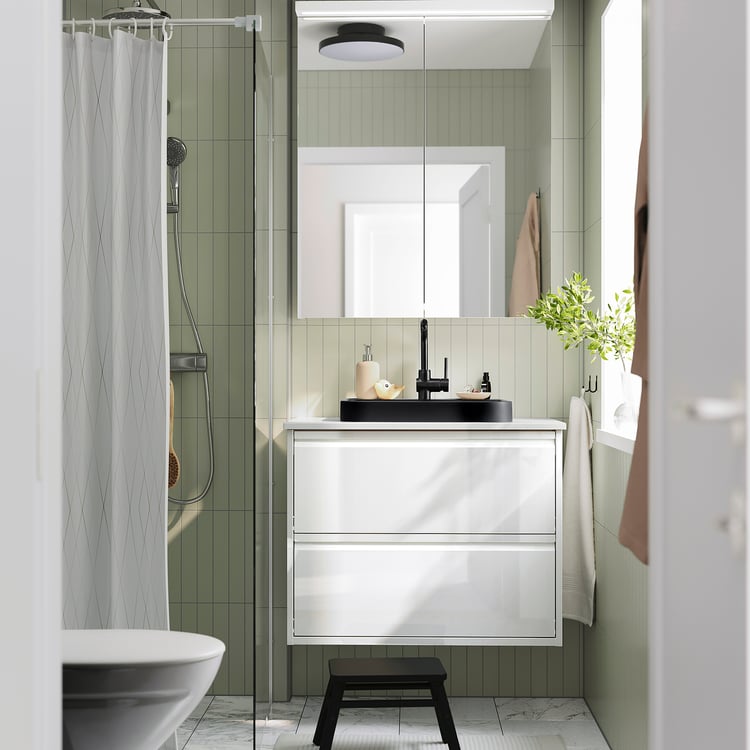 BACKSJÖN semi-recessed wash-basin w watr trp, black, 50x43 cm - IKEA