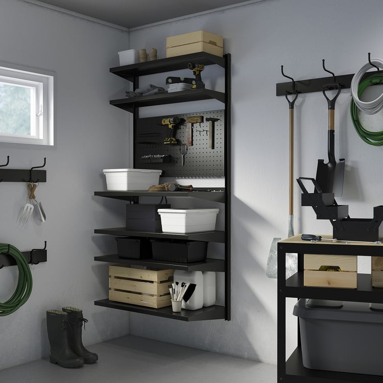 BROR تشكيلة رف حائطي, مع لوح تعليق/أسود, ‎88x30/45x180 سم‏ - IKEA