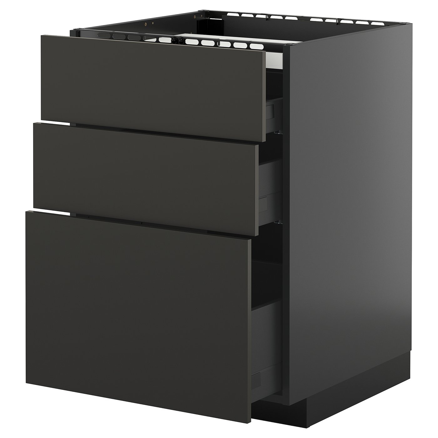 METOD / KNIVSHULT base cab f hob/3 fronts/3 drawers, black-grey/Nickebo ...
