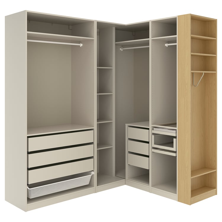 PAX corner wardrobe, grey-beige/grey-beige oak veneer, 231/161x236 cm ...