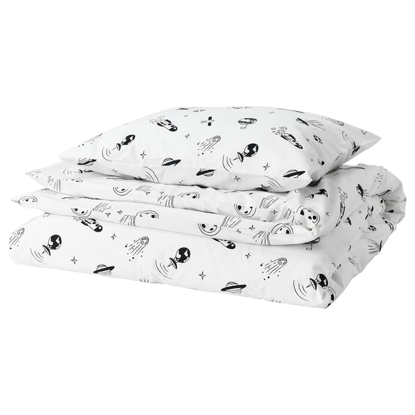 AFTONSPARV Påslakan 1 örngott, rymd vit/svart, 150x200/50x60 cm - IKEA