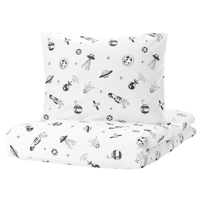 AFTONSPARV påslakan 1 örngott, rymd vit/svart, 150x200/50x60 cm - IKEA