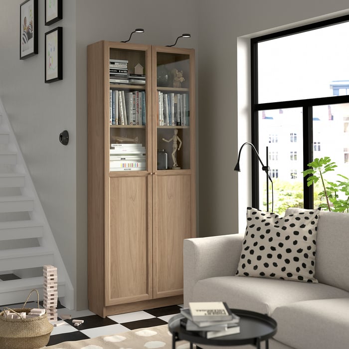 BILLY / OXBERG bookcase with panel/glass doors, oak effect, 80x30x202 ...