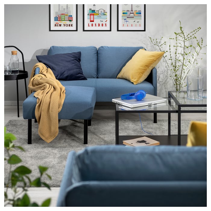 GLOSTAD 2-seat sofa with chaise longue, Knisa medium blue - IKEA