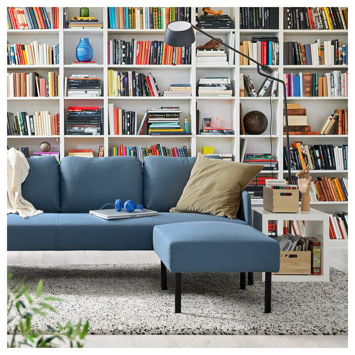 GLOSTAD 3-seat sofa with chaise longue, Knisa medium blue - IKEA