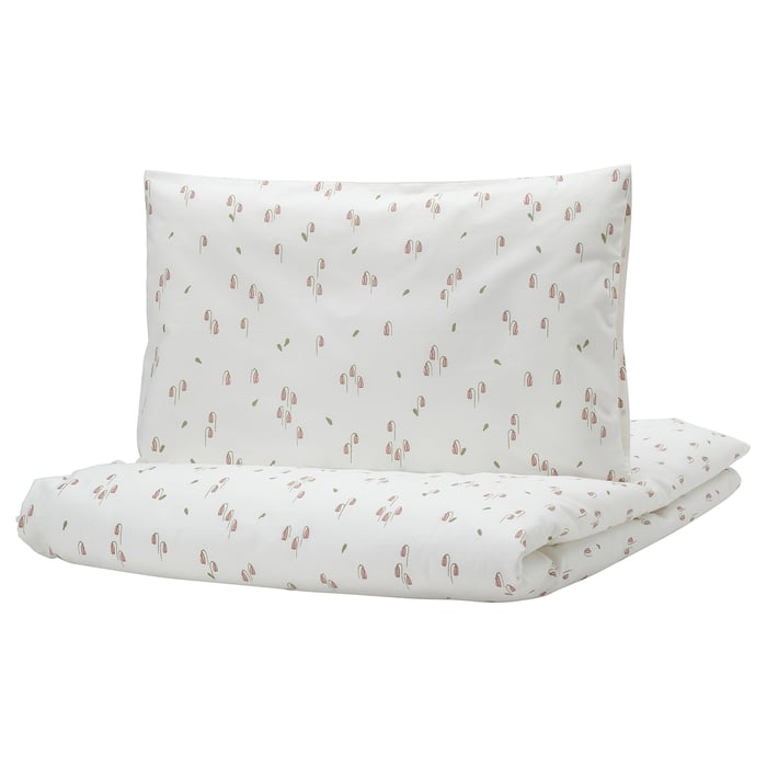 GULDVÄVARE duvet cover 1 pillowcase for cot, white/floral pattern ...