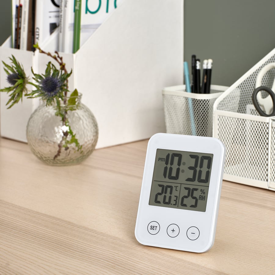 SLÅTTIS clock with hygro-/thermometer, white, 8x12 cm - IKEA