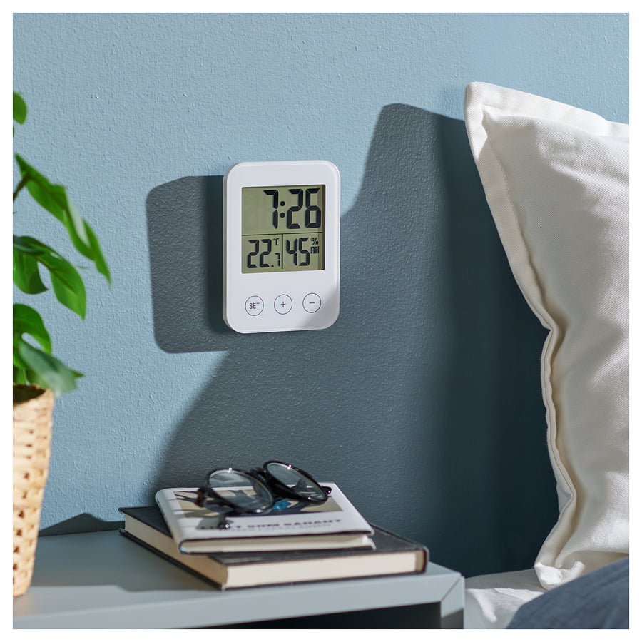 SLÅTTIS clock with hygro-/thermometer, white, 8x12 cm - IKEA