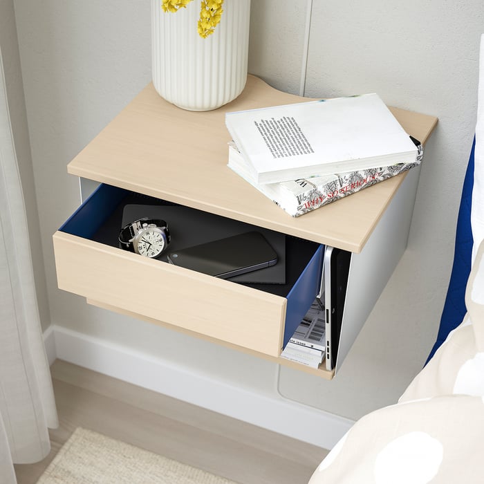 STOMSÖ wall-mounted bedside table, birch effect white/blue, 36x29x20 cm ...