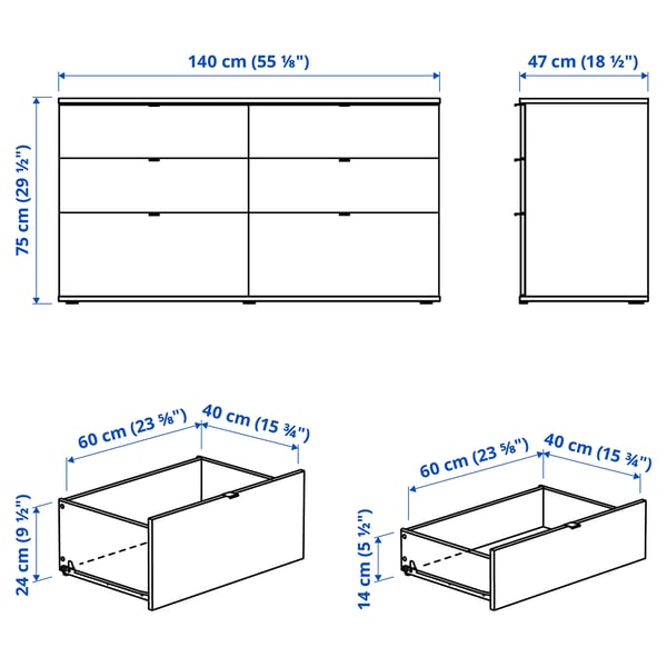 VIHALS วีฮาลส์ ตู้ 6 ลิ้นชัก, ขาว/ยึดเพื่อปลดล็อก Anchor&Unlock, 140x47x75 ซม. - IKEA