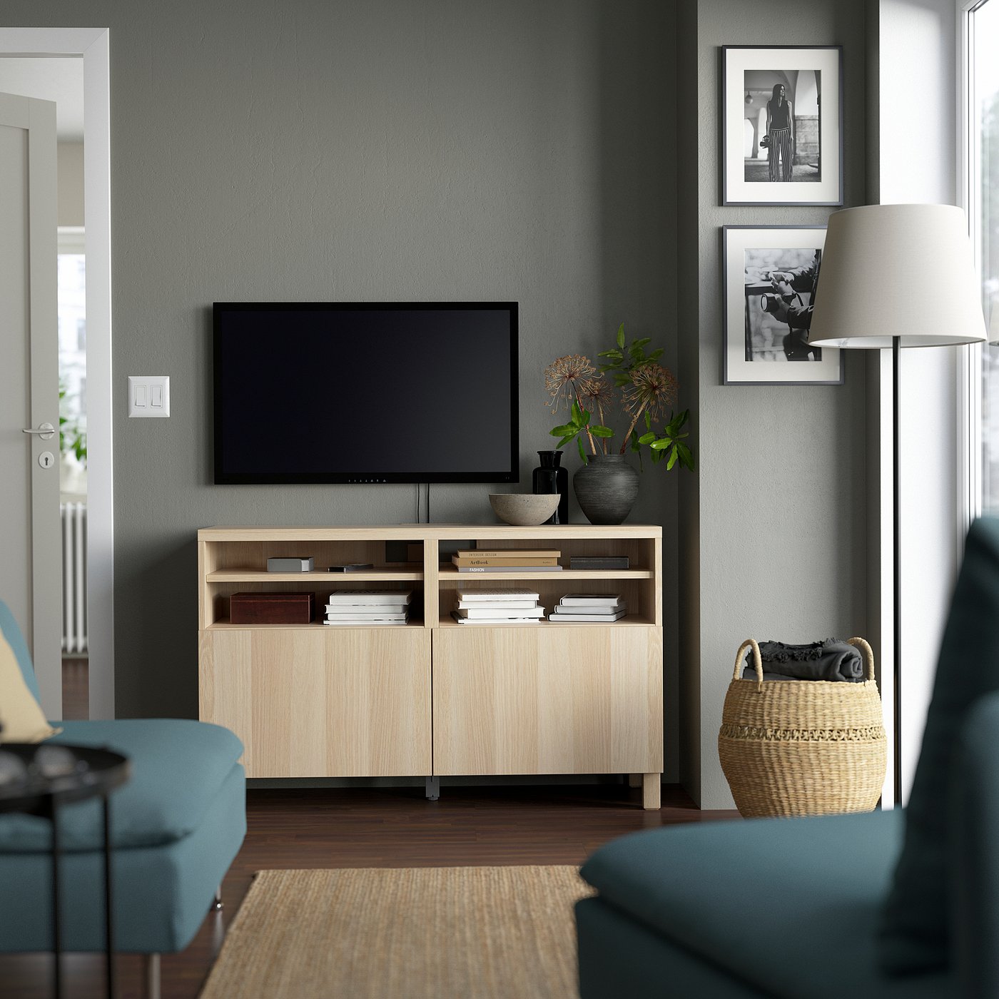 BESTA TV bench with doors white stained oak effect Lappviken Stubbarp white stained oak effect 471 4x161 2x291 8 IKEA