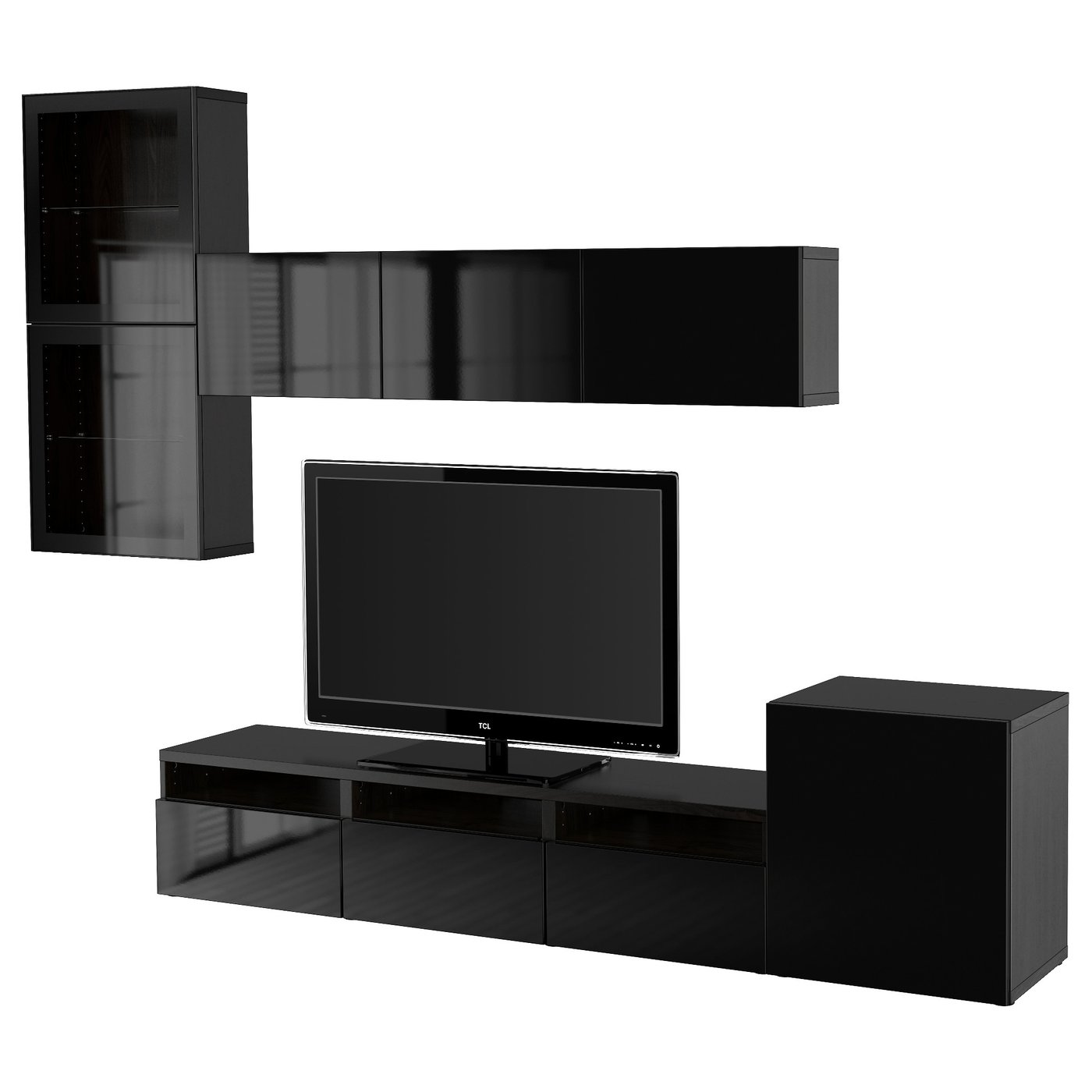 BESTA TV storage combination glass doors black brown Selsviken high gloss black clear glass 118 1 8x16 1 2x83 1 8
