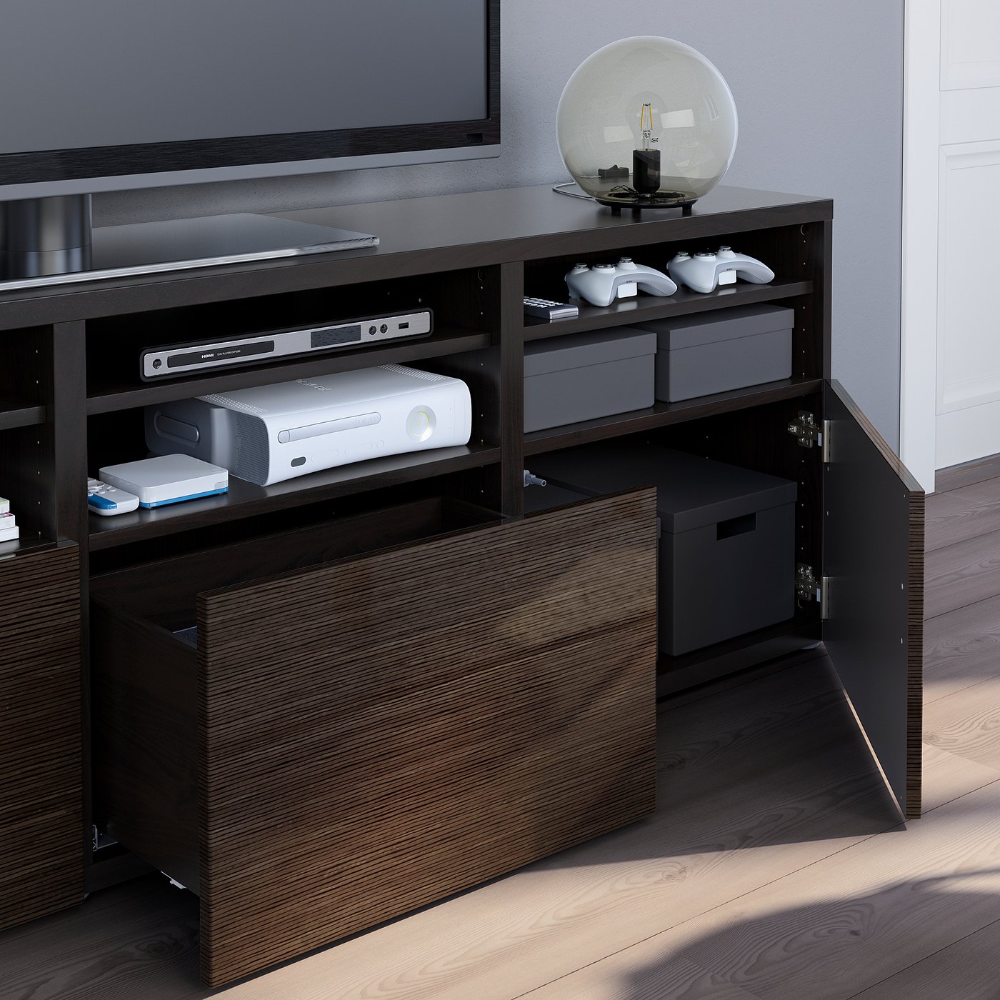 BESTA TV storage combination glass doors black brown Selsviken high gloss brown clear glass 707 8x161 2x755 8 IKEA