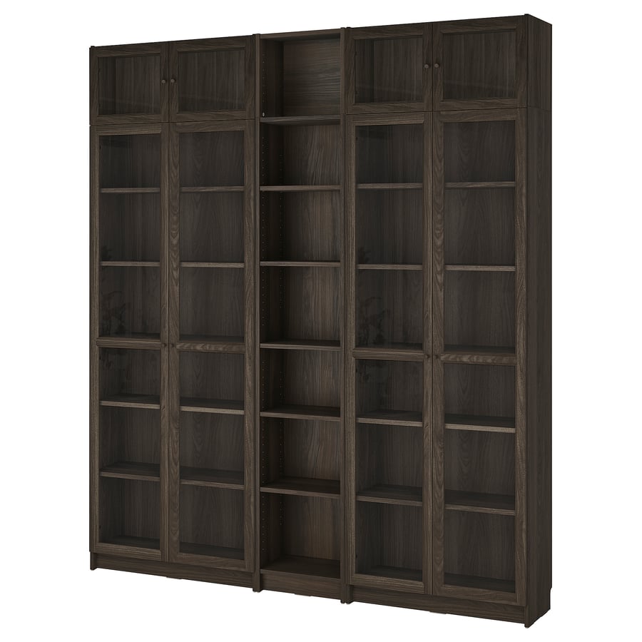BILLY / OXBERG bookcase w glass doors/ext unit, dark brown oak effect ...