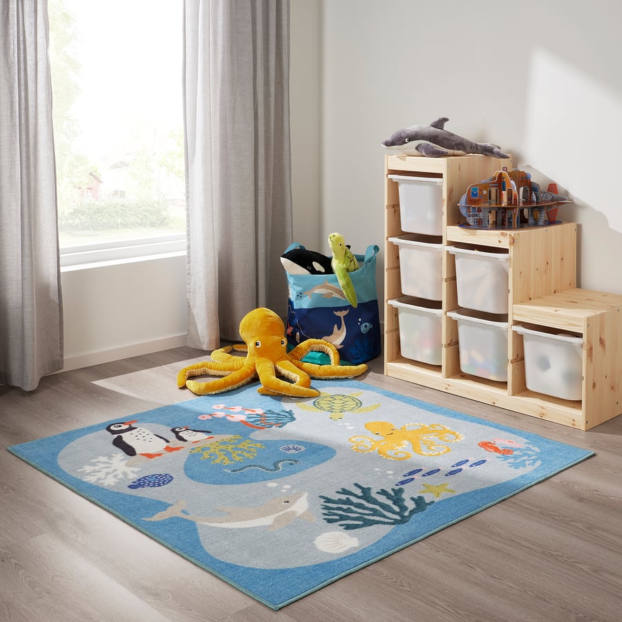 BLÅVINGAD rug, ocean animals pattern/multicolor, 4'4"x4'4" - IKEA