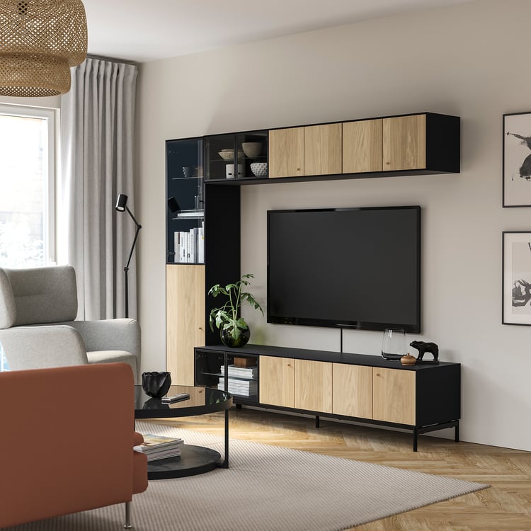 BOASTAD TV storage combination, black/oak veneer, 873/4x165/8x727/8" - IKEA