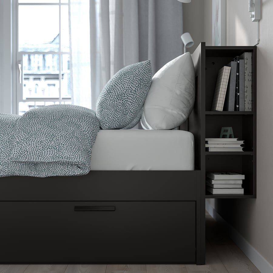 BRIMNES bed frame with storage & headboard, black/Luröy, Full - IKEA