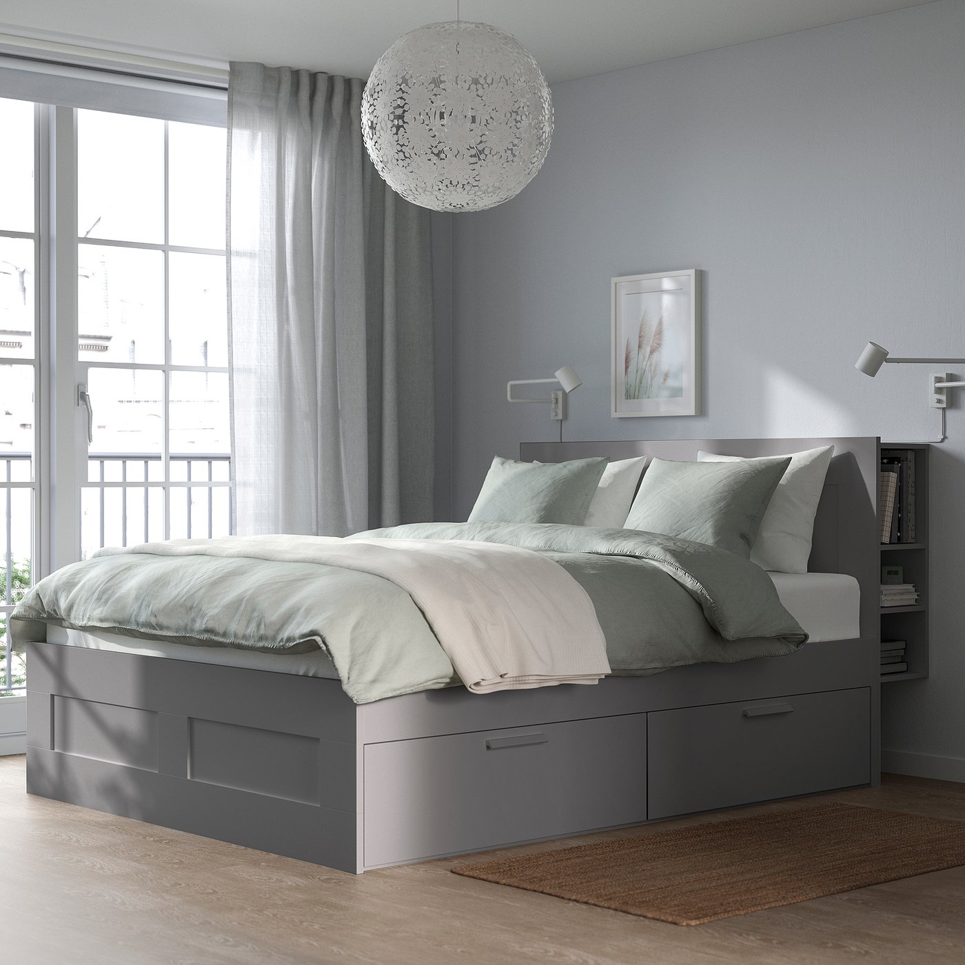 IKEA BRIMNES Bed Frame with Storage Headboard Gray Queen