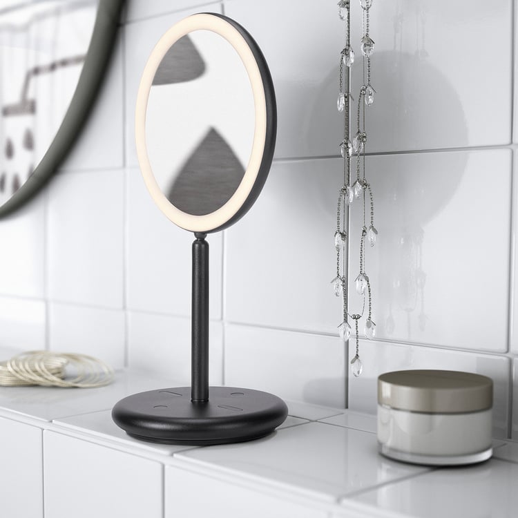EKFÄNN table mirror w integrated lighting, dimmable/black - IKEA