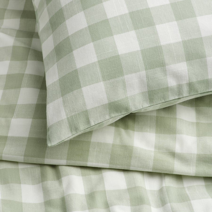 EKTANDVINGE duvet cover and pillowcase(s), pale gray-green white/check ...