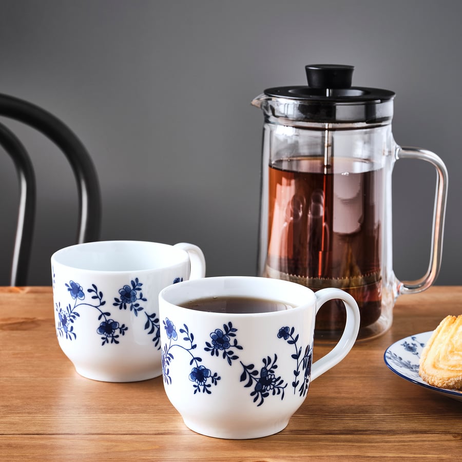 ENTUSIASM jumbo cup, patterned/white blue, 17 oz - IKEA US