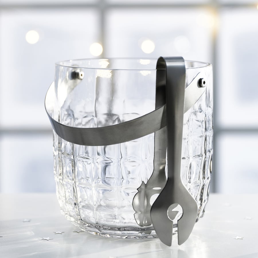FRÖJDA ice bucket with tongs, clear glass/stainless steel - IKEA
