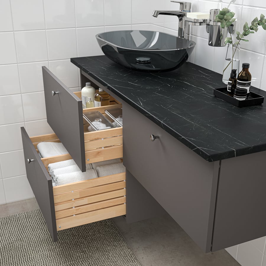 GODMORGON/TOLKEN / OXMYREN Sink cabinet w countertop sink, Gillburen dark gray/black marble ...