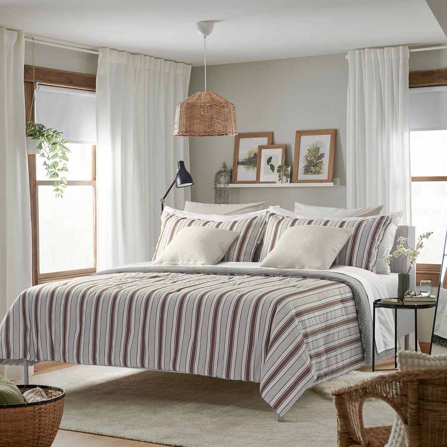 GULDAKLEJA comforter set, red-brown/stripe, King - IKEA