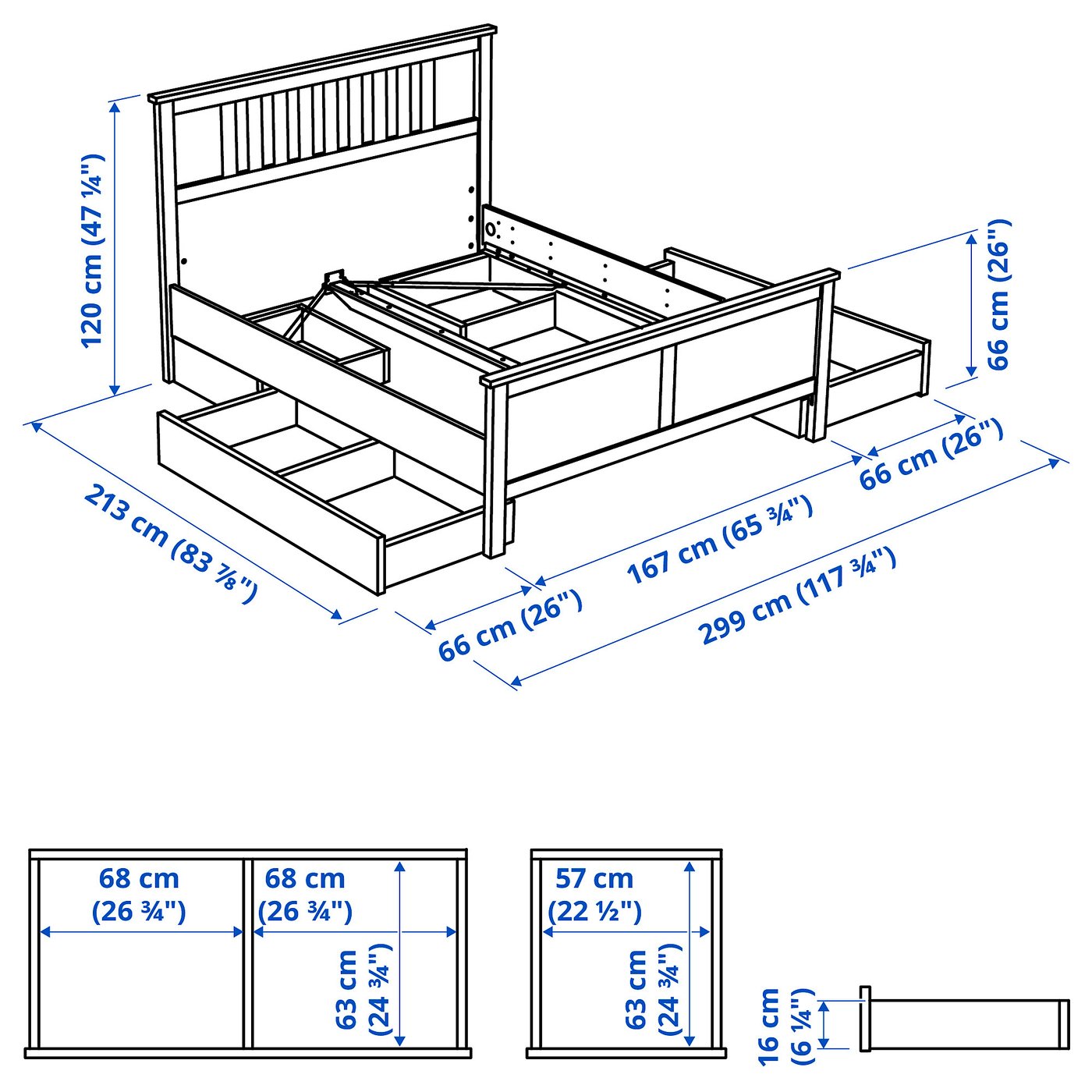 HEMNES bed frame with 4 storage boxes white stain Luroy Queen IKEA