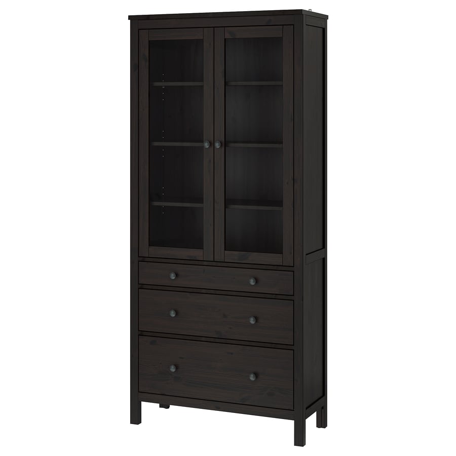 HEMNES glass-door cabinet with 3 drawers, black-brown, 353/8x771/2" - IKEA