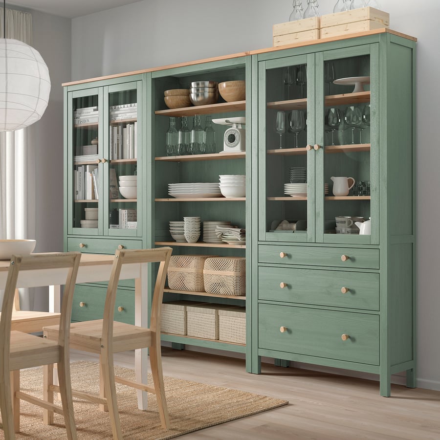 HEMNES storage combination w doors/drawers, gray-green/light brown ...