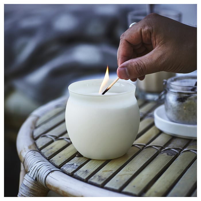 JÄMLIK scented candle in glass, Vanilla/light beige, 50 hr - IKEA