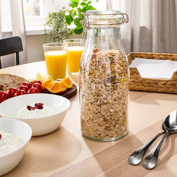 KORKEN bottle-shaped jar with lid, clear glass, 34 oz - IKEA