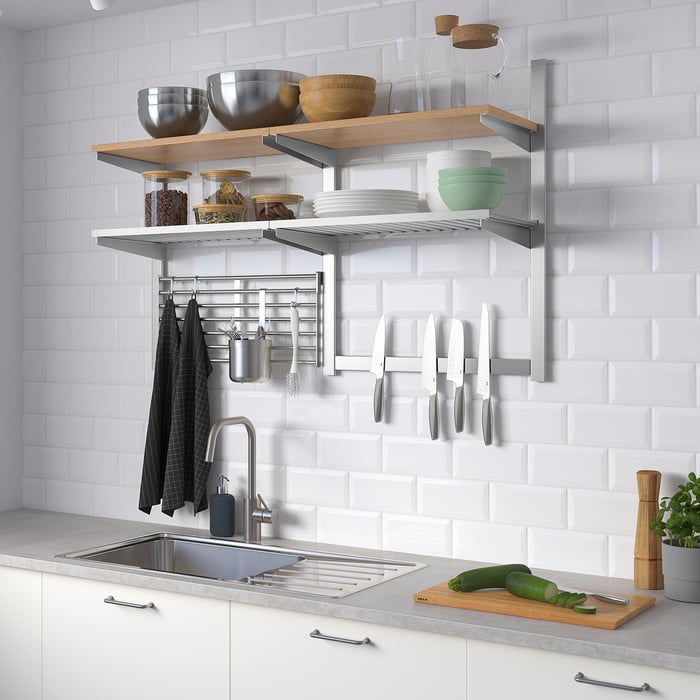 KUNGSFORS wall storage with grid + knife rack, stainless steel/ash ...